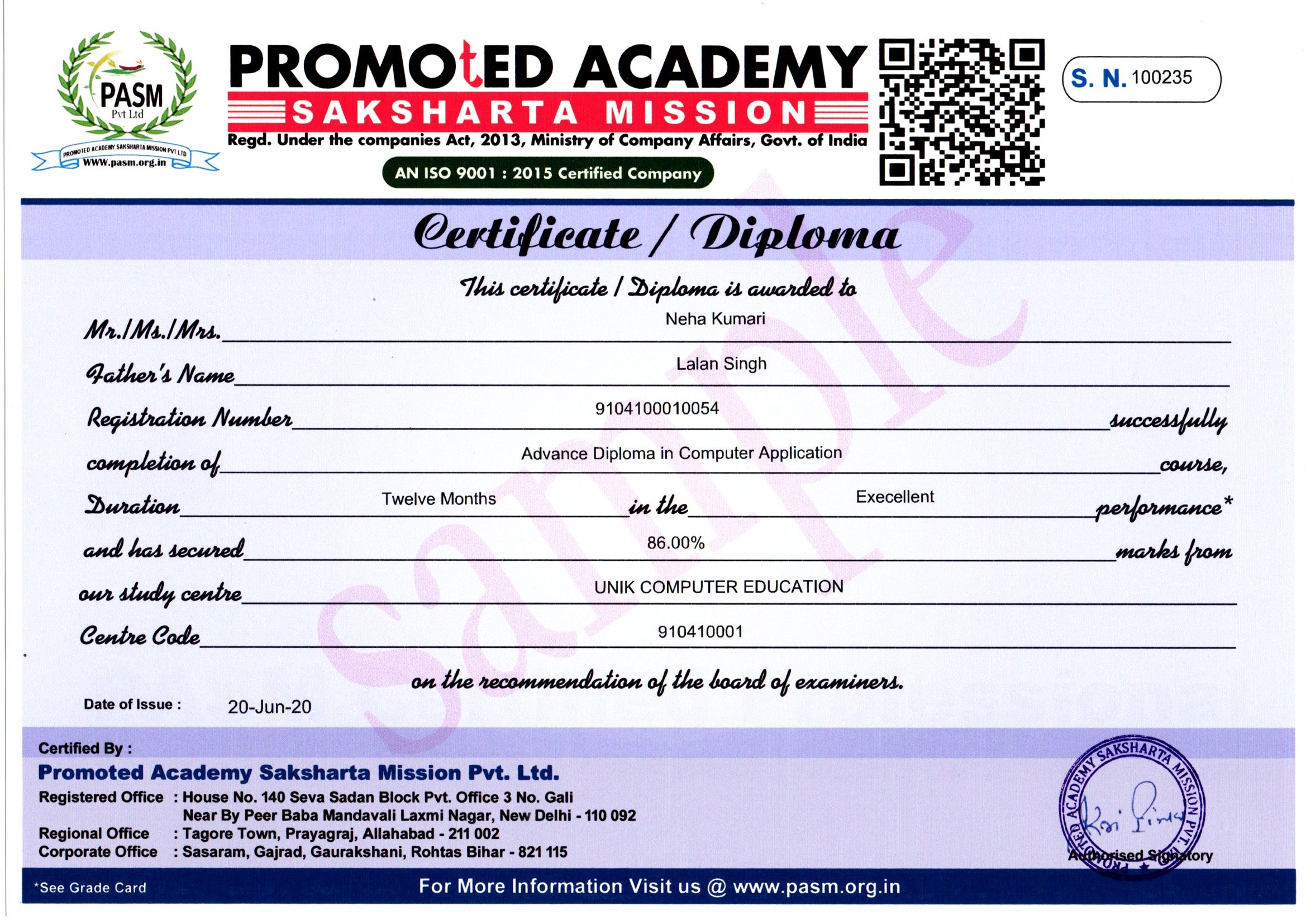 PROMOTED ACADEMY SAKSHARTA MISSION PVT LTD | PMSA Certificate Sample