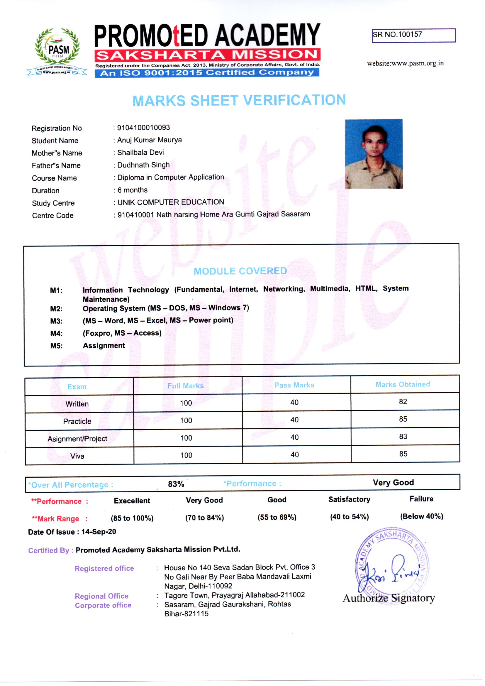PROMOTED ACADEMY SAKSHARTA MISSION PVT LTD | PMSA Certificate Sample