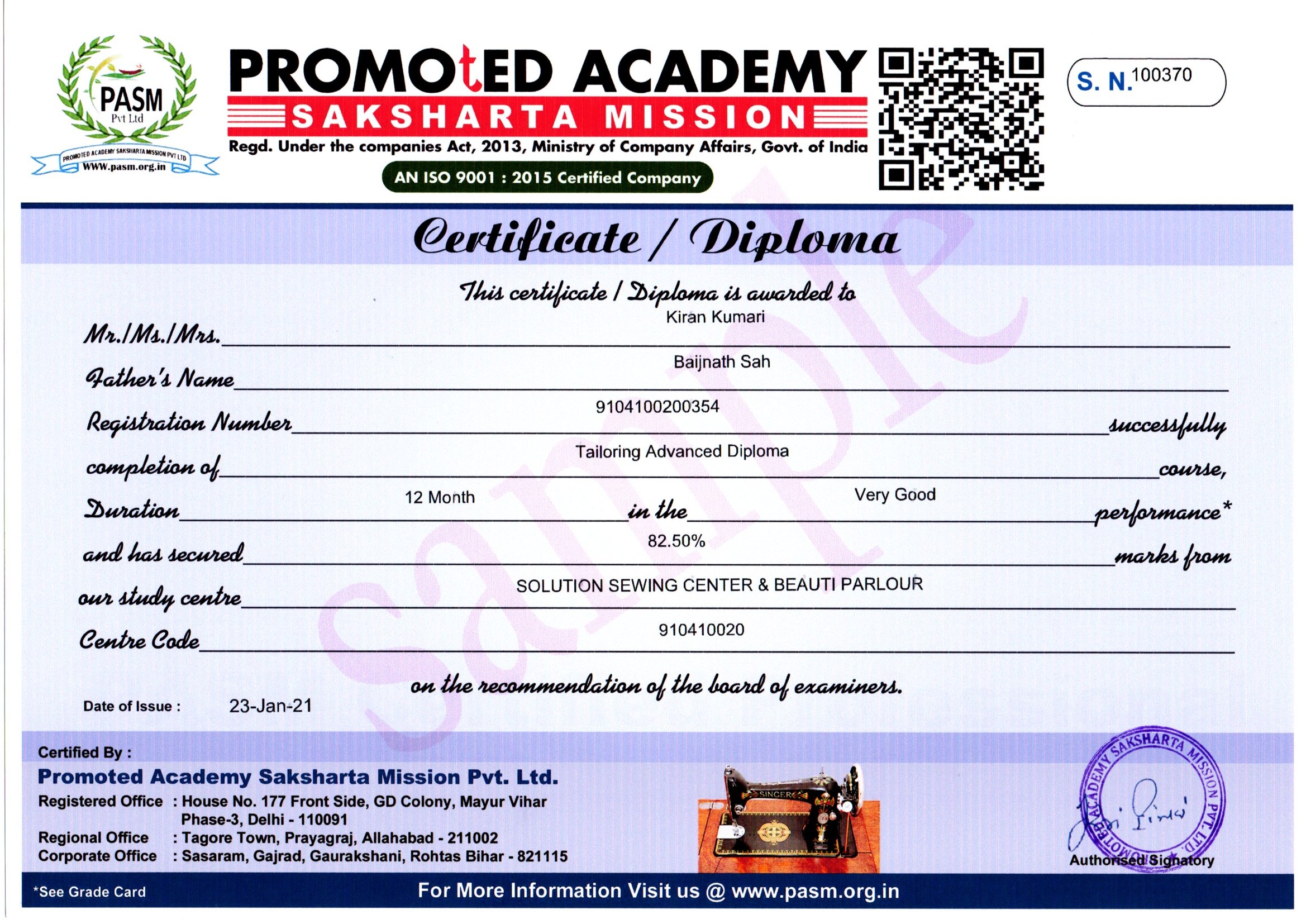 PROMOTED ACADEMY SAKSHARTA MISSION PVT LTD PMSA Certificate Sample